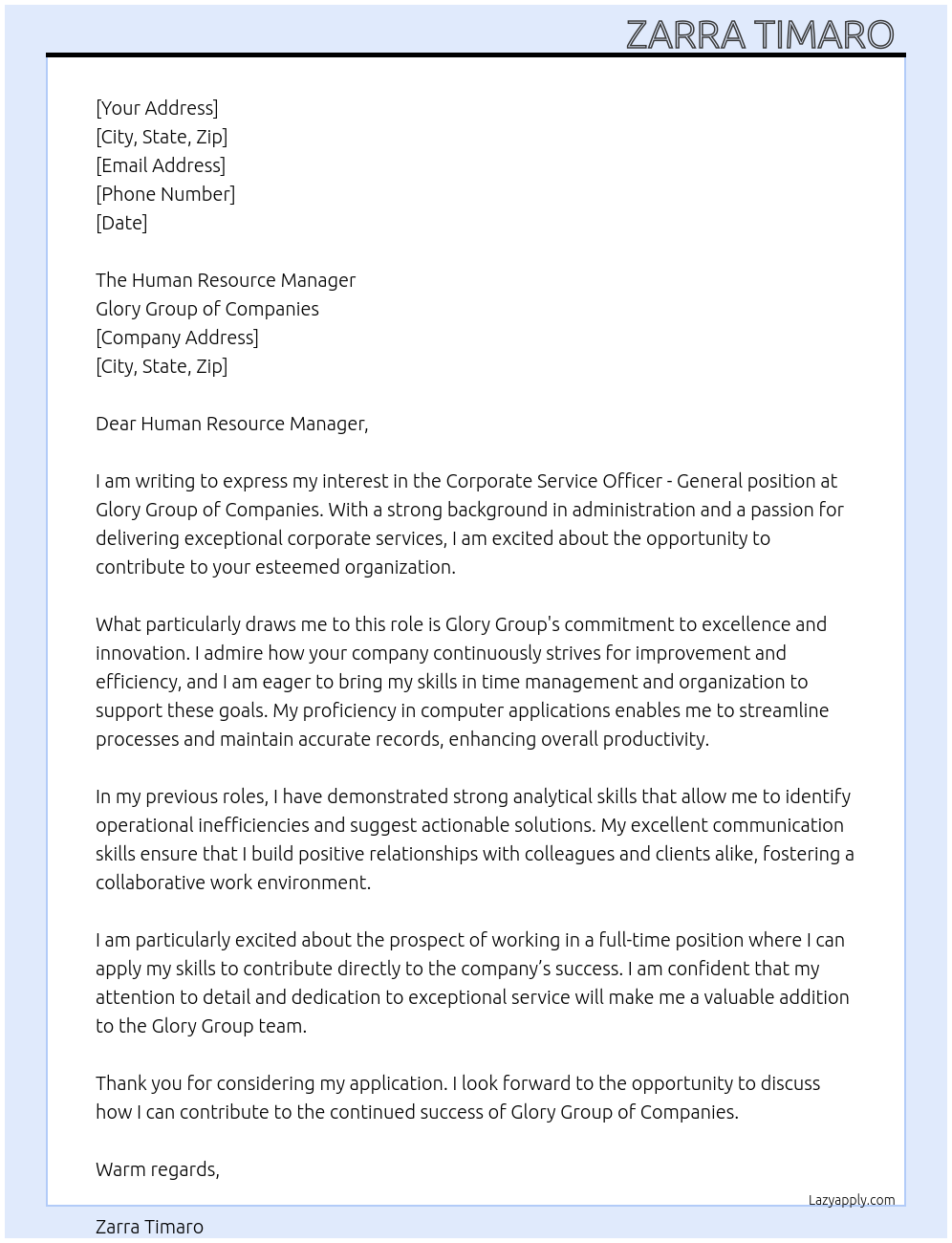 Cover letter for corporate service officer - general - LazyApply