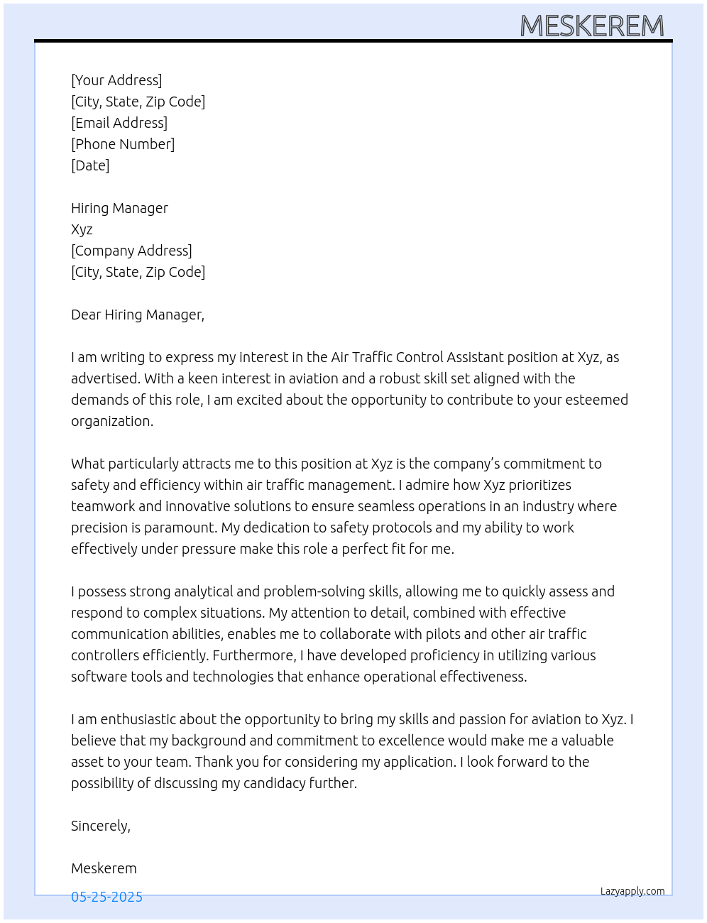 Cover letter for air traffic control assistant - LazyApply
