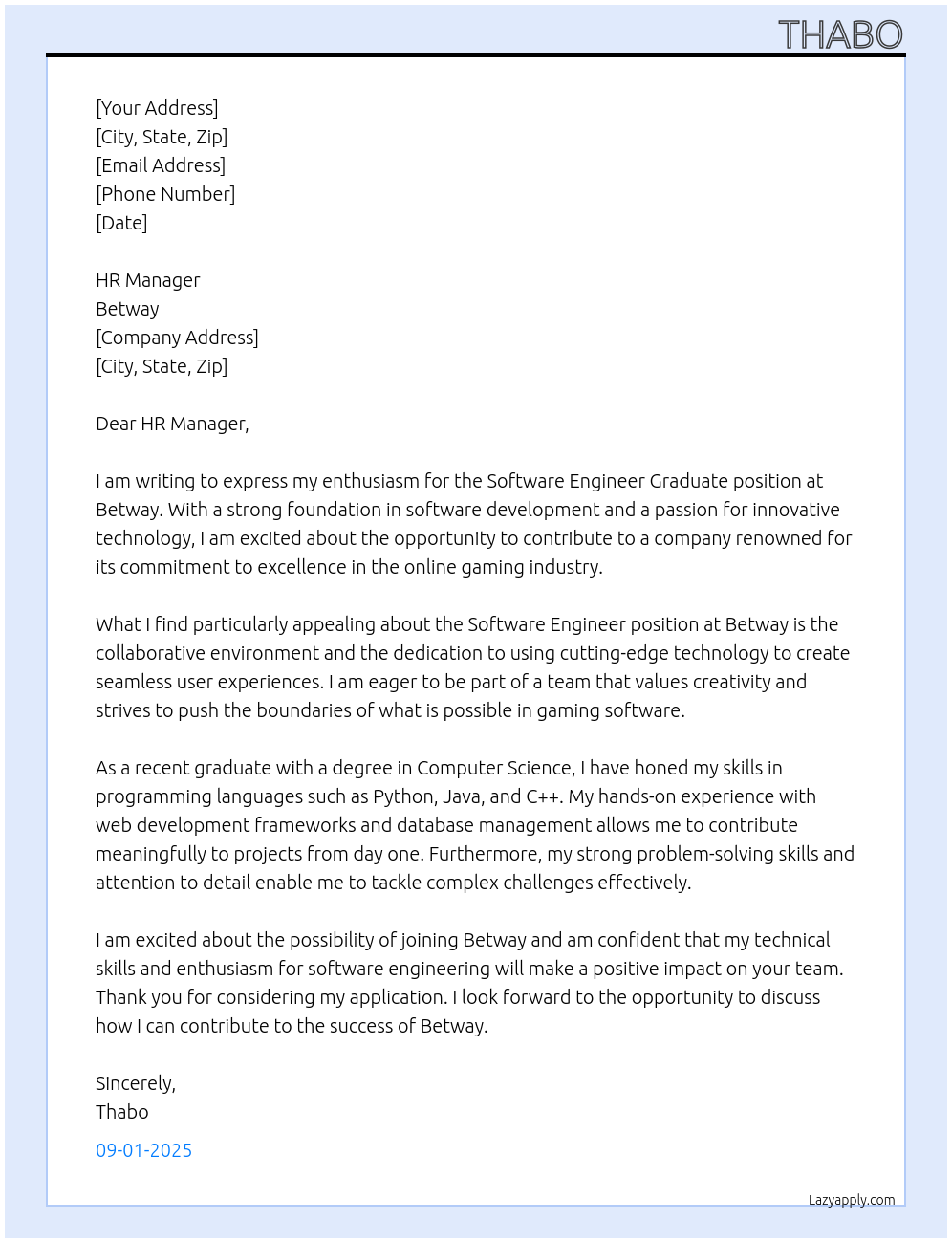 Cover letter for software engineer graduate - LazyApply
