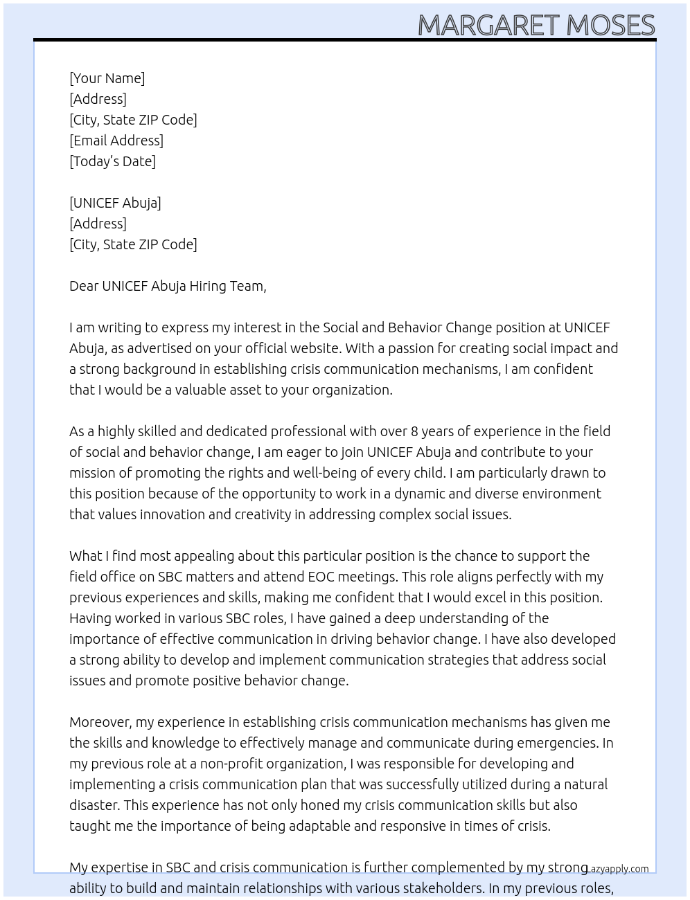 Cover letter for social and behavior change - LazyApply