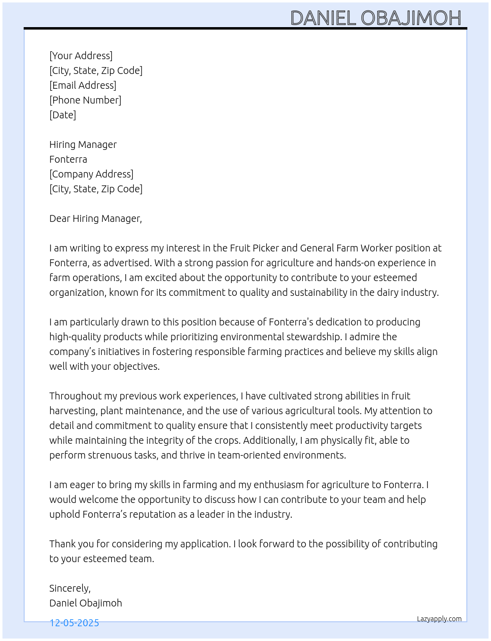 Cover letter for fruit picker and general farm worker - LazyApply