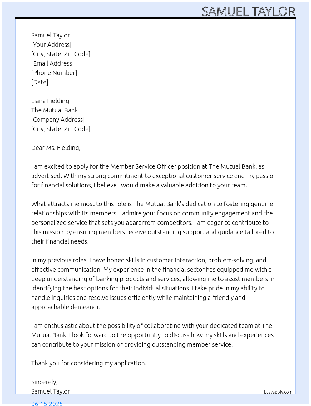 Cover letter for member service officer - LazyApply
