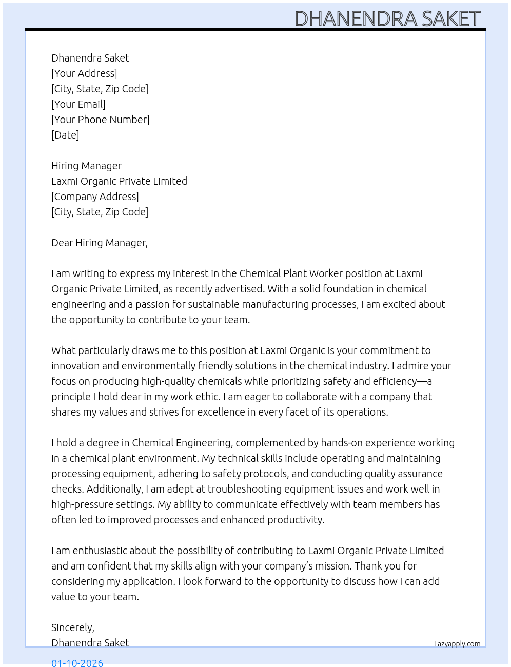 Cover letter for chemical plant work - LazyApply
