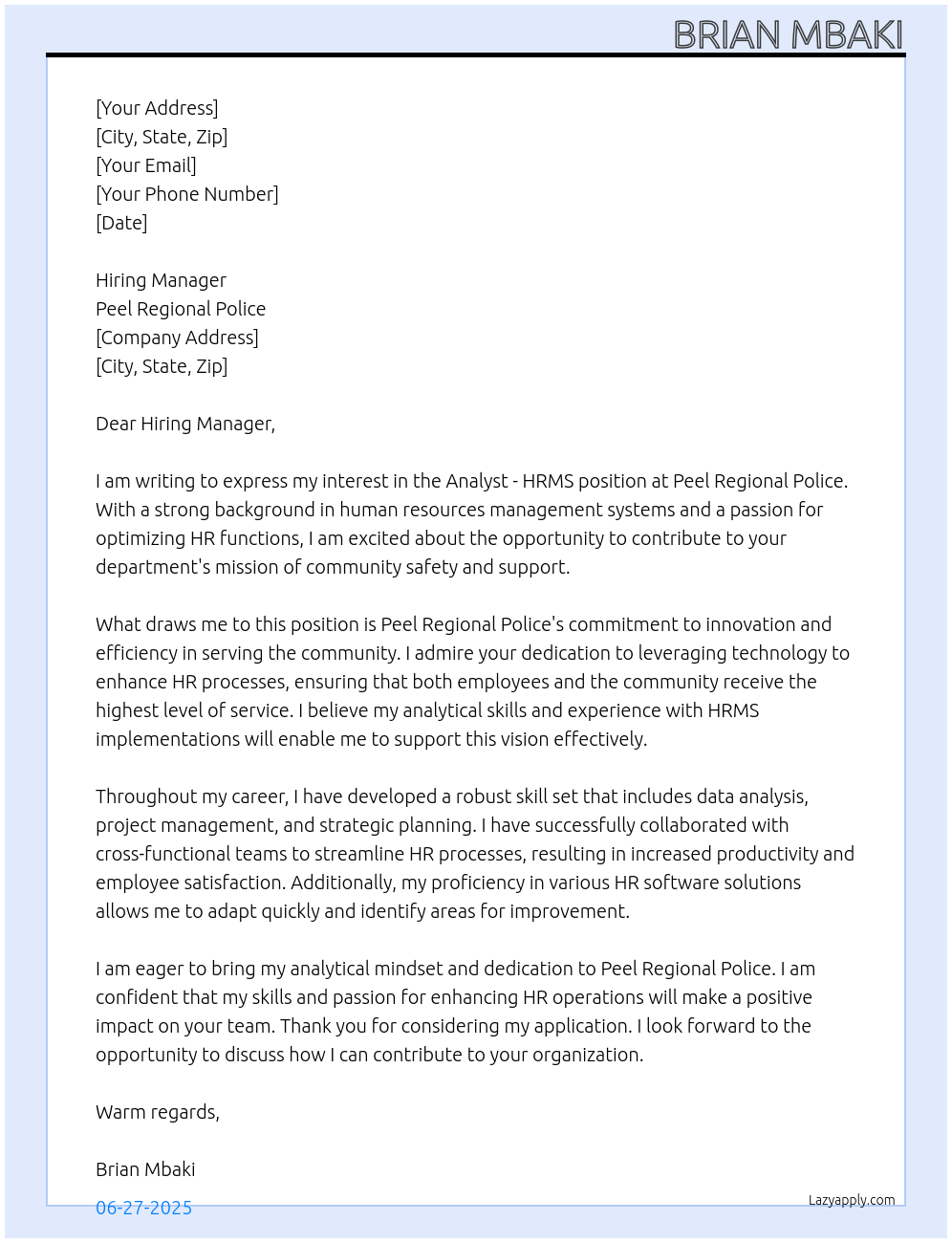 Cover letter for analyst - hrms - LazyApply