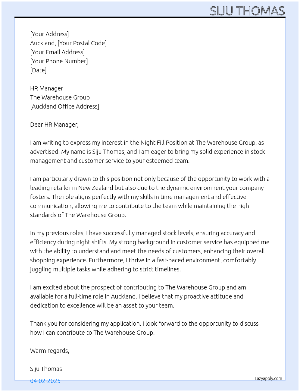 Cover letter for night fill position - LazyApply