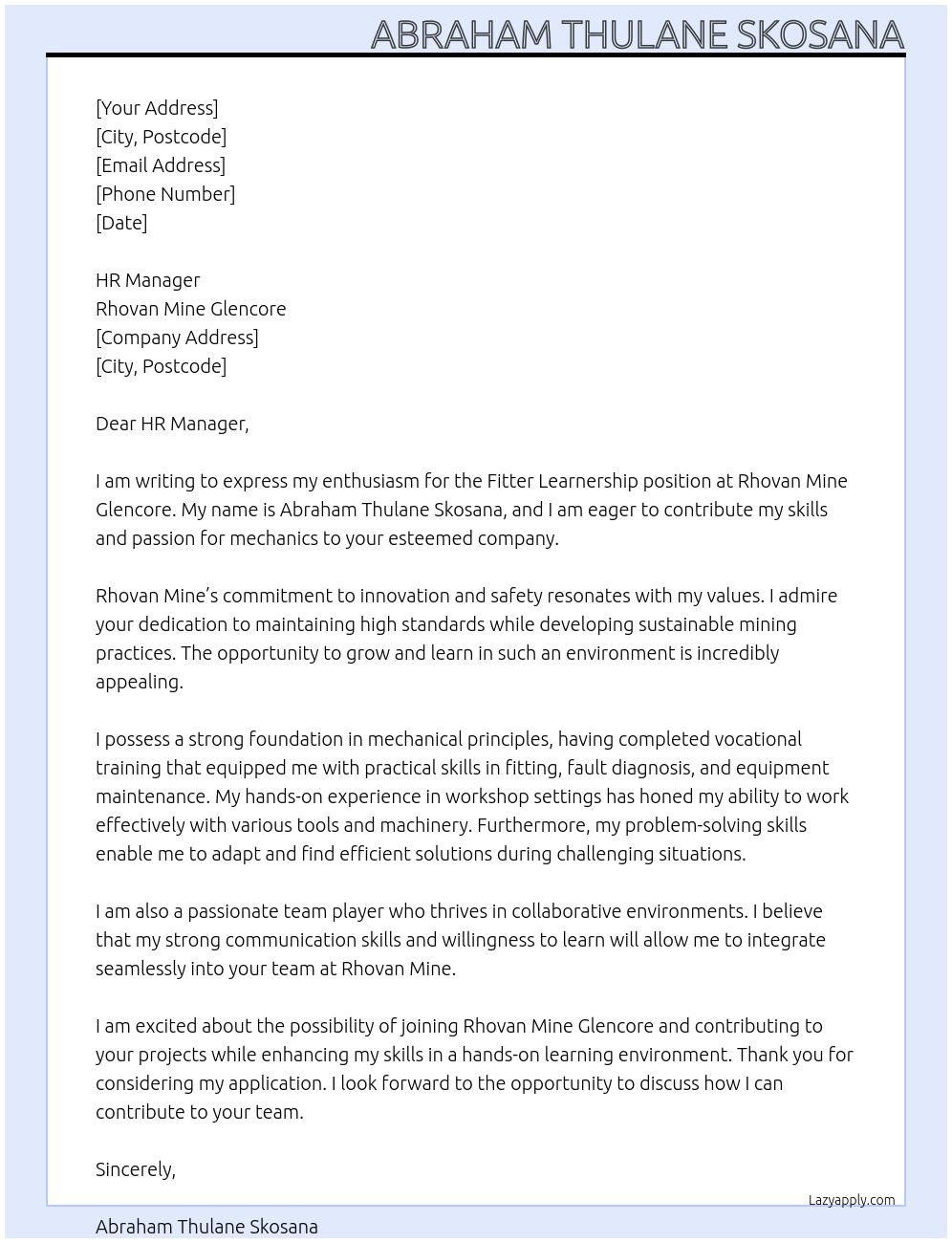 Cover letter for rhovan mine, glencore - LazyApply