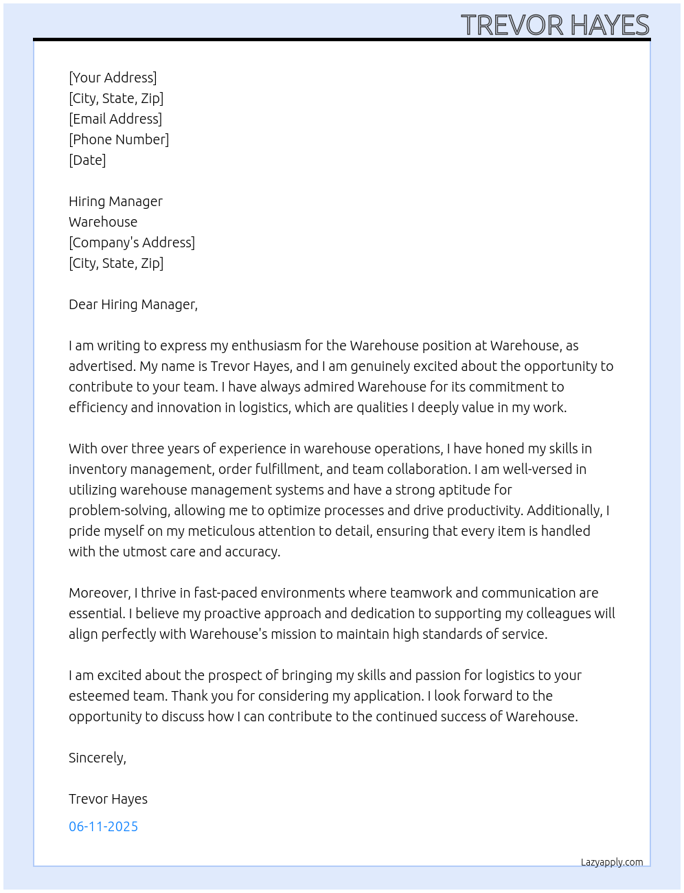 Cover letter for warehouse - LazyApply