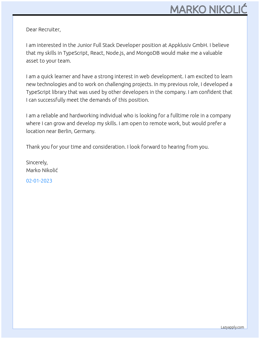 Cover Letter For Junior Full Stack Developer LazyApply