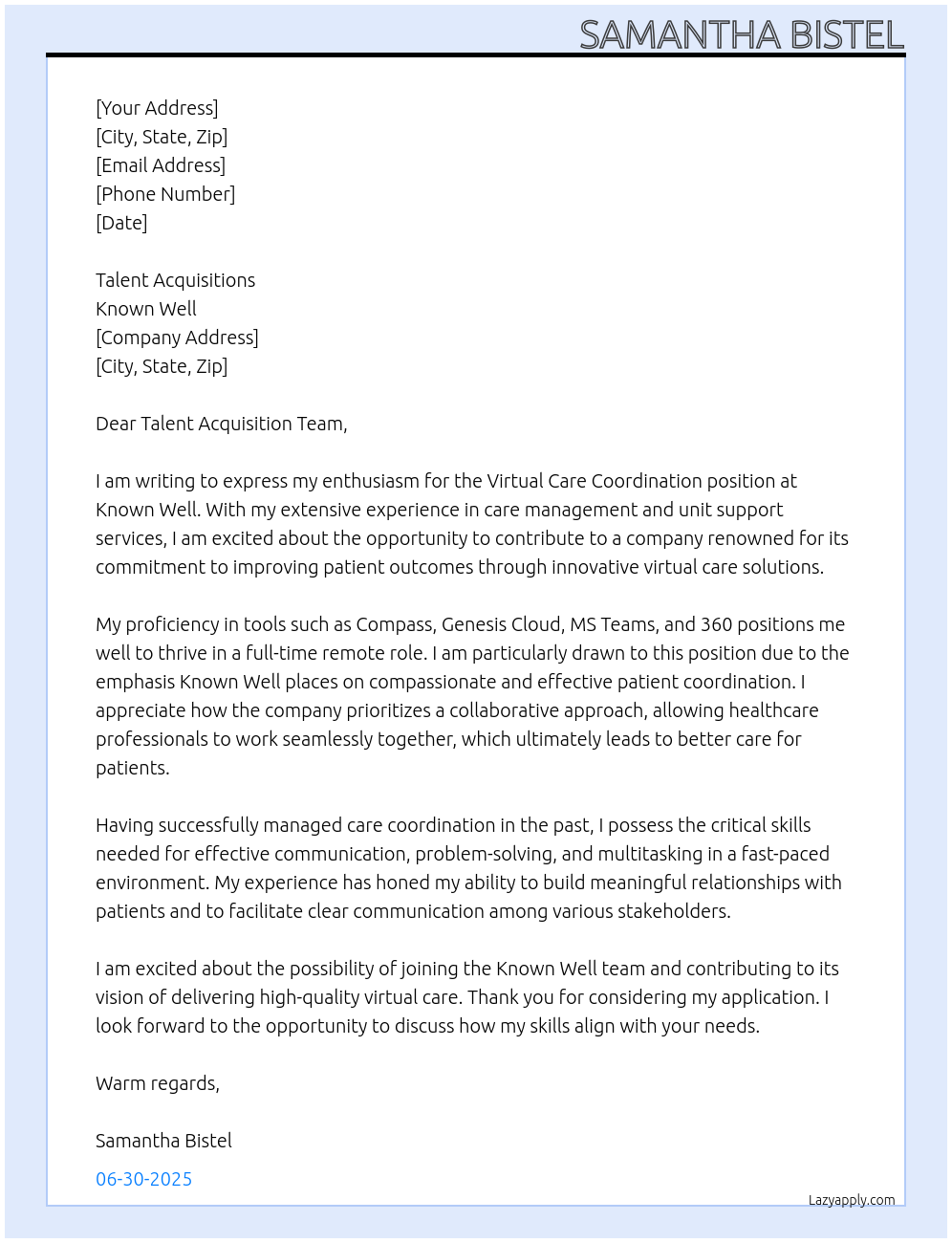 Cover letter for virtual care coordination - LazyApply