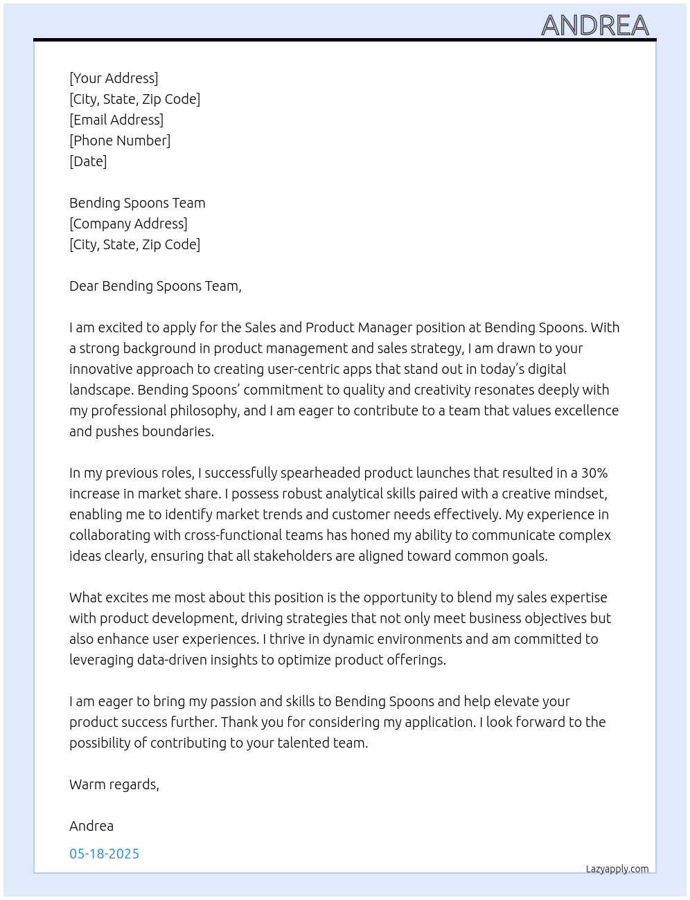 Cover letter for sales and product manager - LazyApply