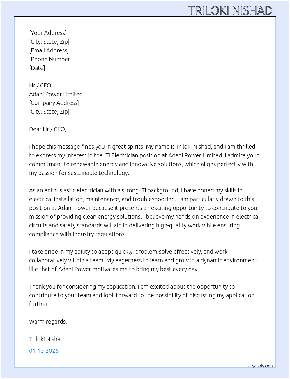 Cover letter for iti electrician - LazyApply