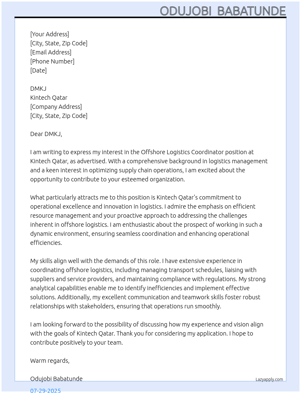 Cover letter for offshore logistics coordinator - LazyApply