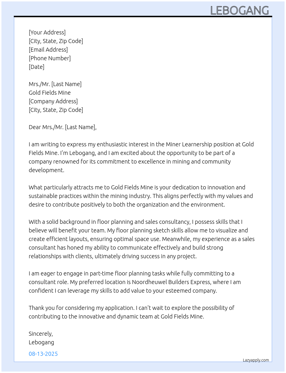 Cover letter for miner learnership - LazyApply