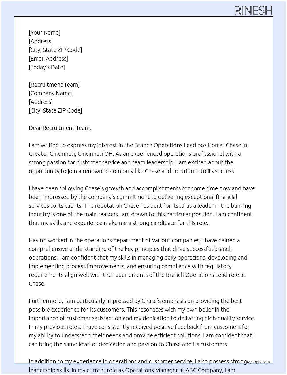 Cover letter for branch operations lead - greater cincinnati ...