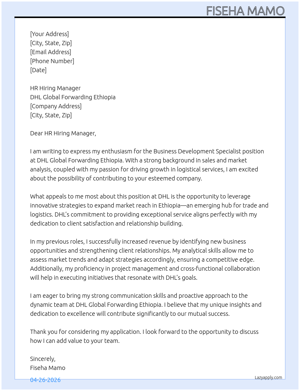 Cover letter for dhl global forwarding ethiopia - LazyApply
