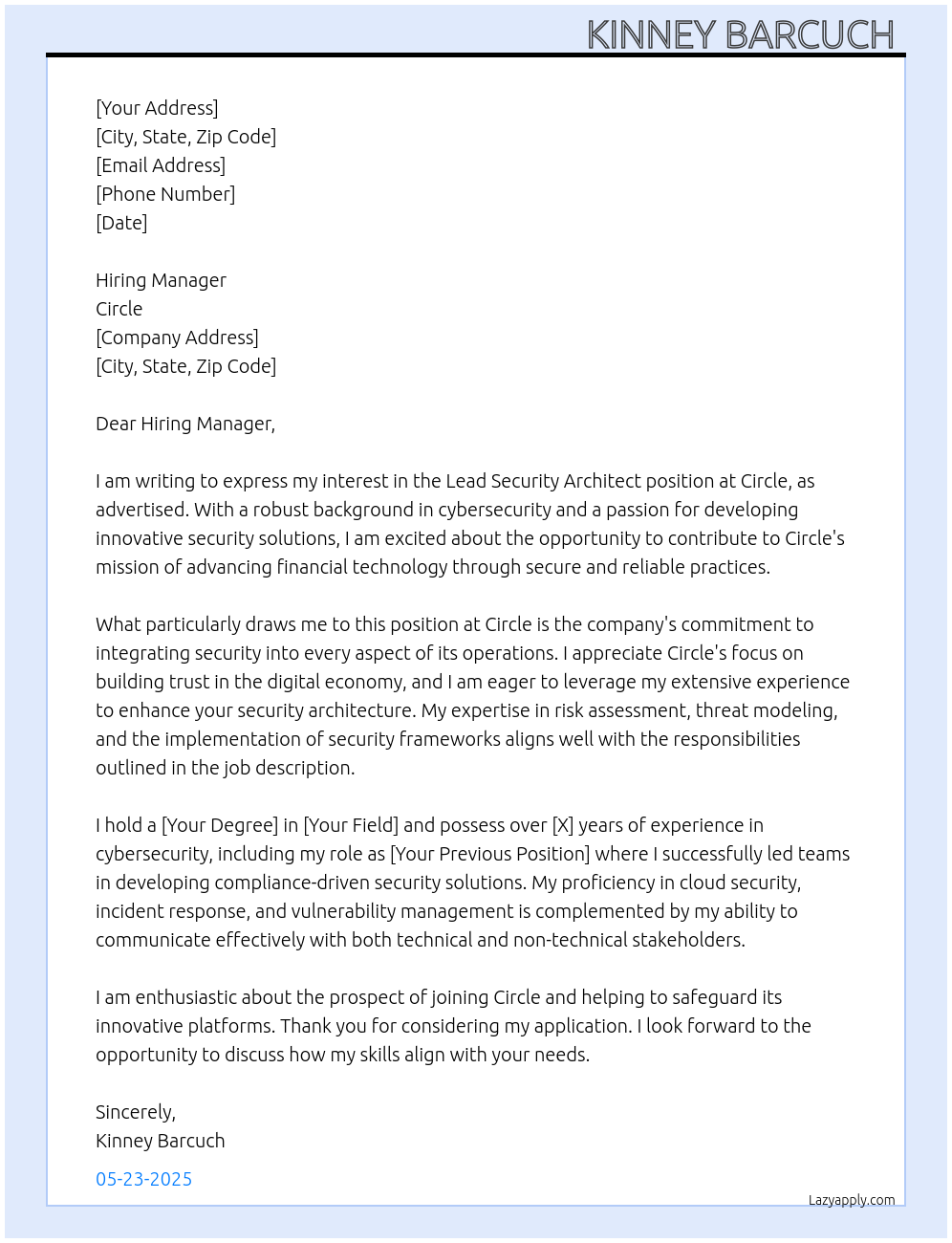 Cover letter for lead security architect - LazyApply