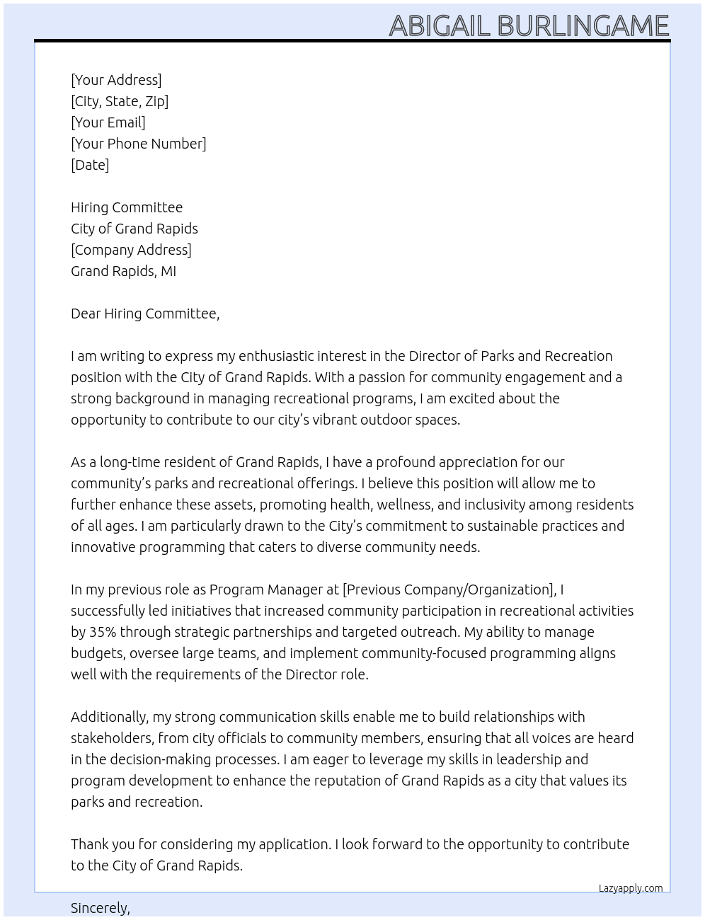 Cover letter for director of parks and recreation - LazyApply