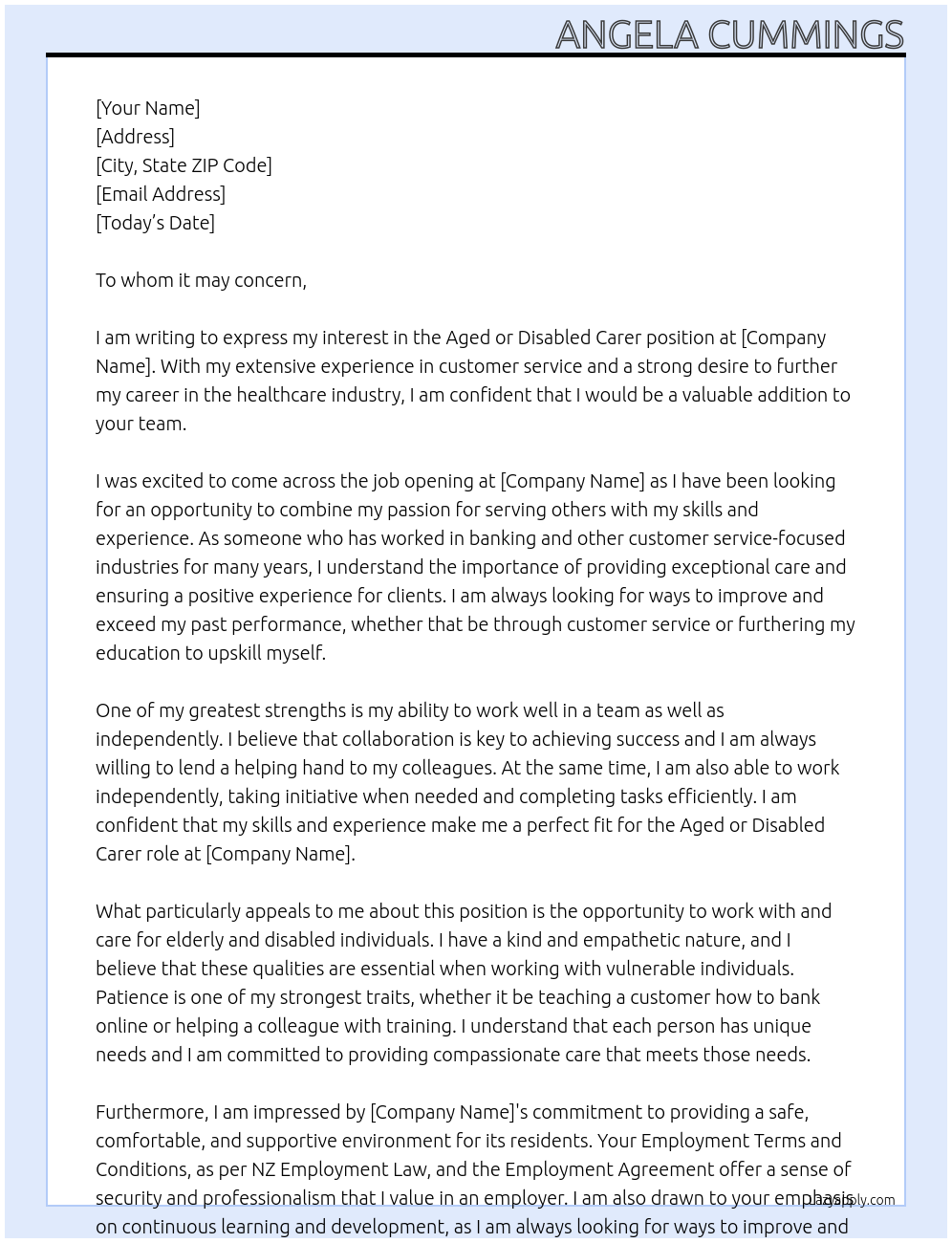 Cover letter for aged or disabled carer - LazyApply