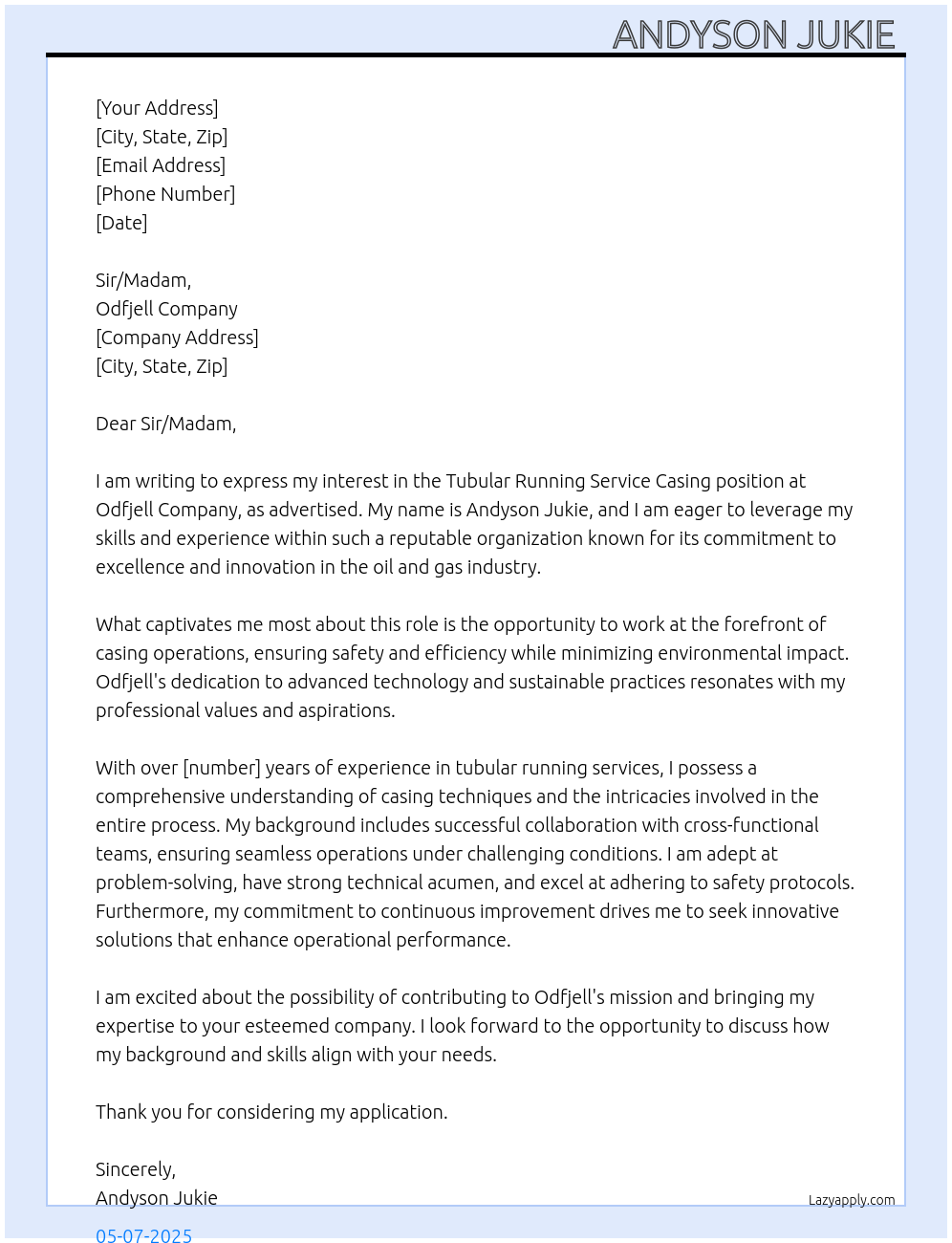 Cover letter for tubular running service casing - LazyApply