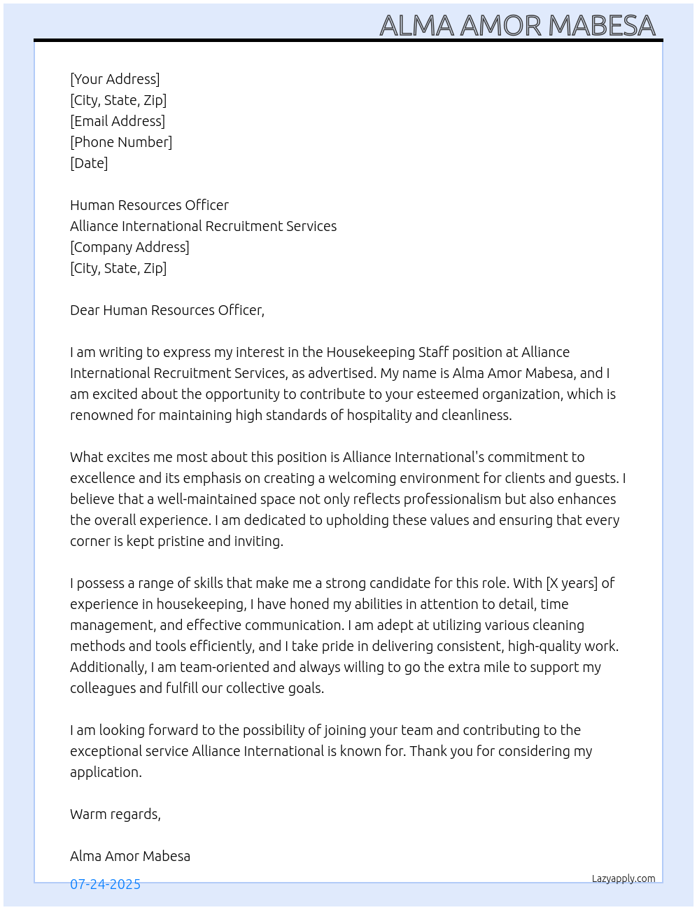 Cover letter for housekeeping staff - LazyApply