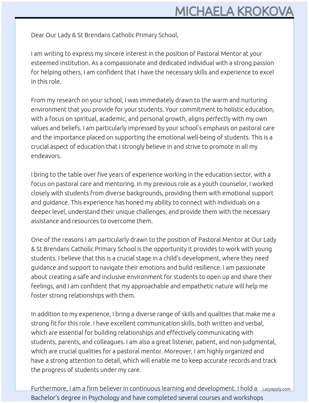Cover letter for pastoral mentor - LazyApply