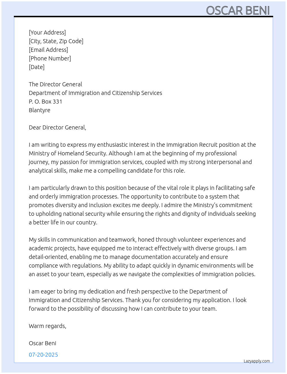 Cover letter for immigration recruit no experience - LazyApply