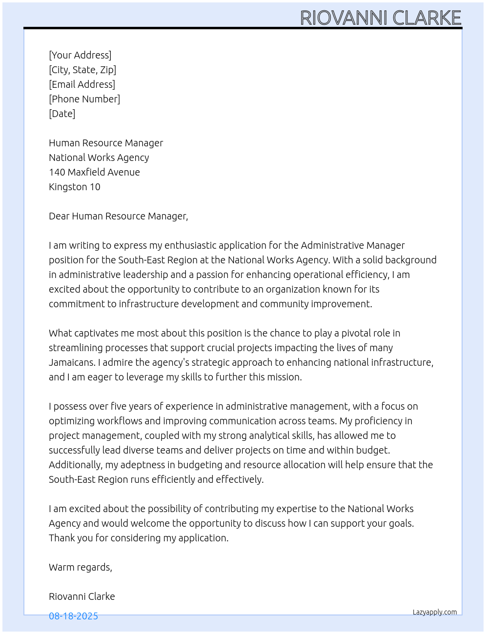 Cover letter for administrative manager - south-east region - LazyApply