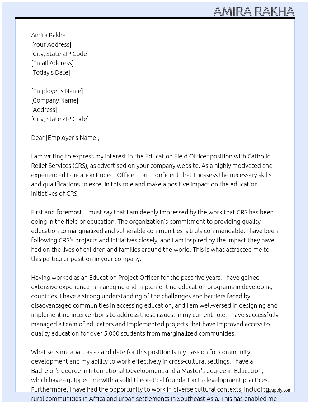 Cover letter for education field officer - LazyApply