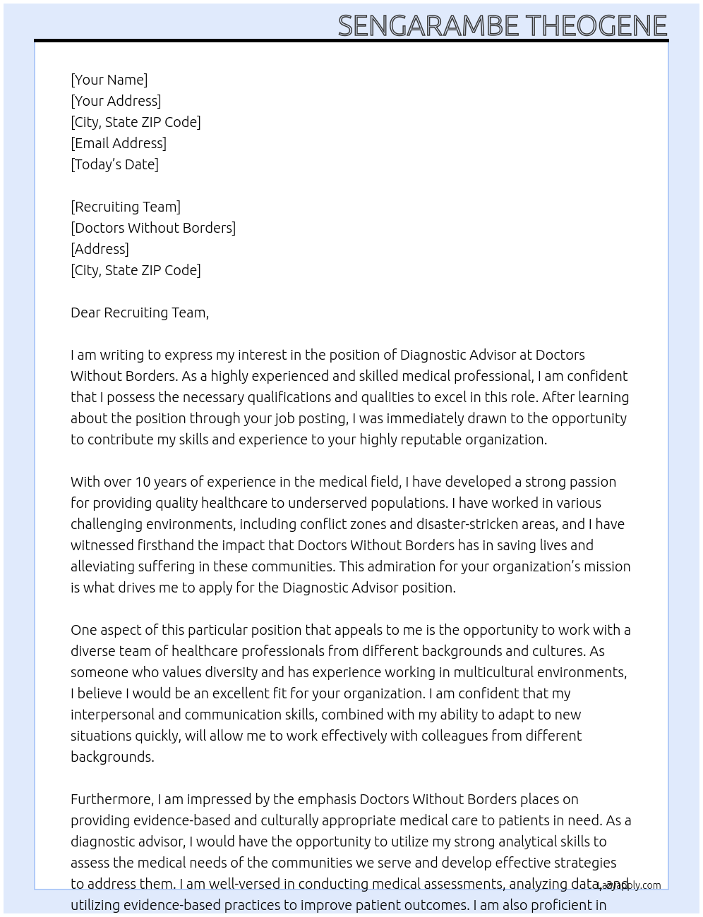 Cover letter for diagnostic advisor - LazyApply