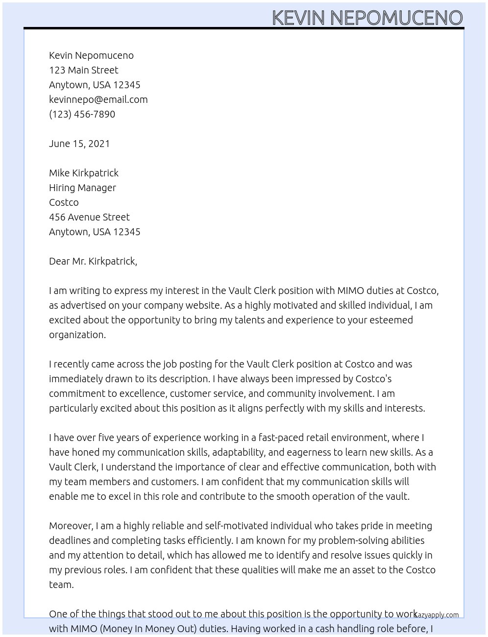 Cover letter for vault clerk with mimo duties - LazyApply