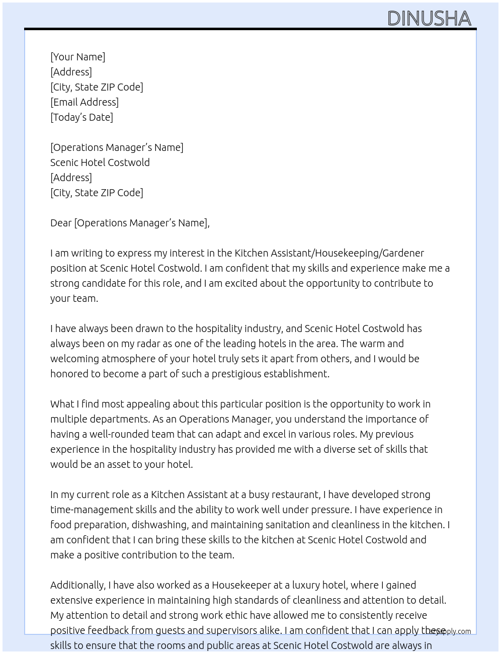 Cover letter for kitchen assistant/house keeping/gard - LazyApply