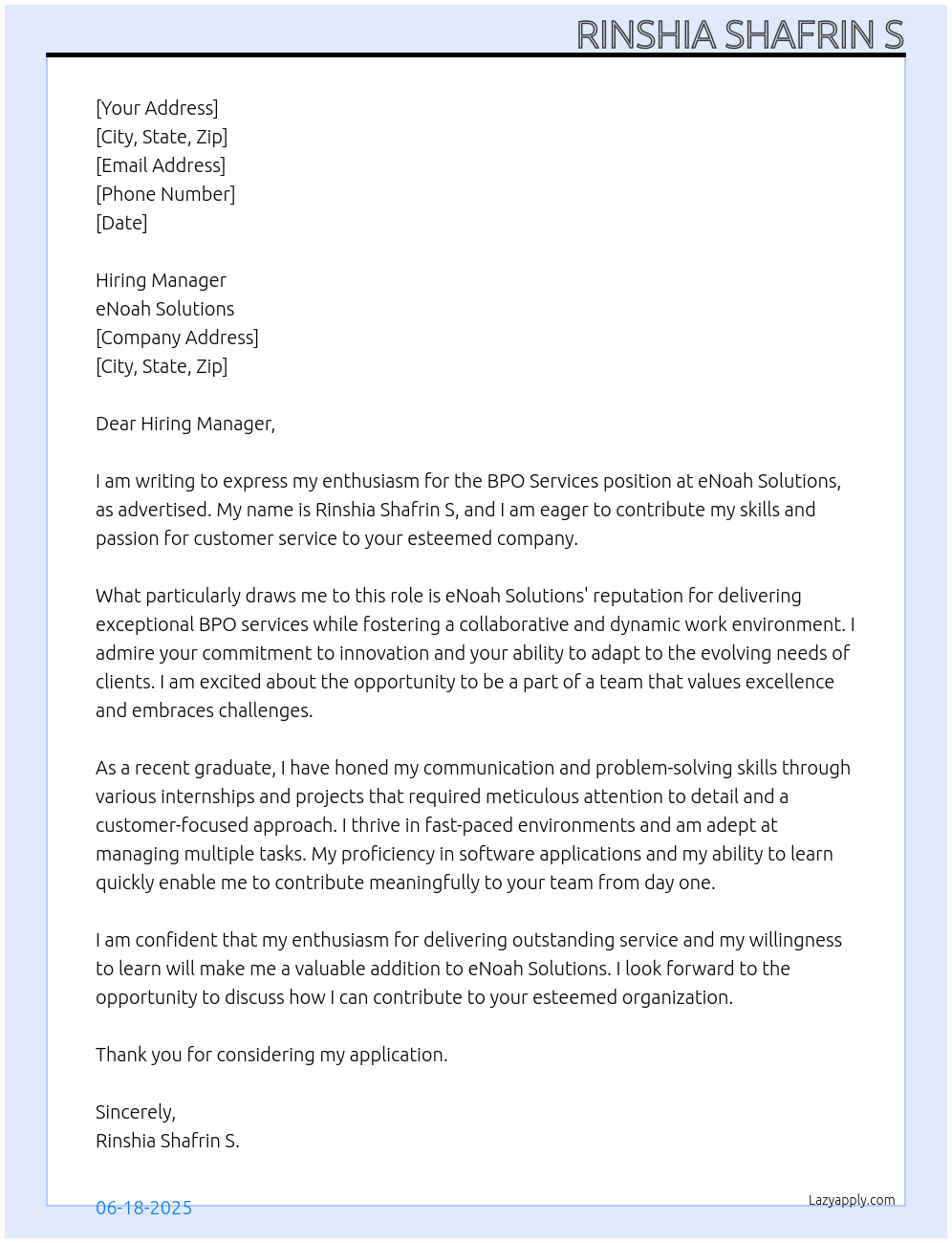 Cover letter for bpo services - LazyApply