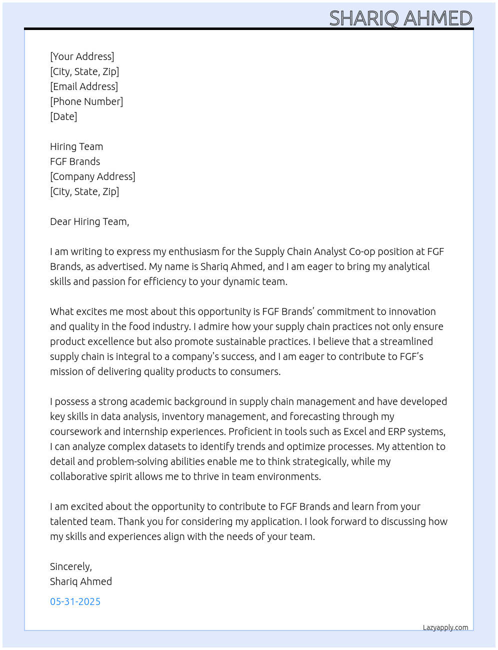 Cover letter for supply chain analyst co-op - LazyApply