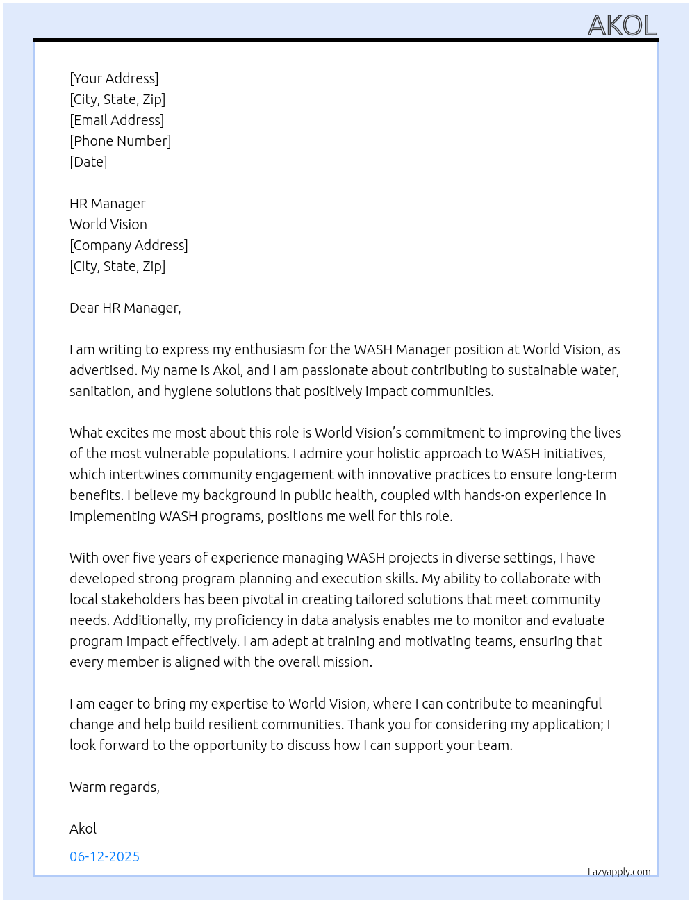 Cover letter for wash manager - LazyApply