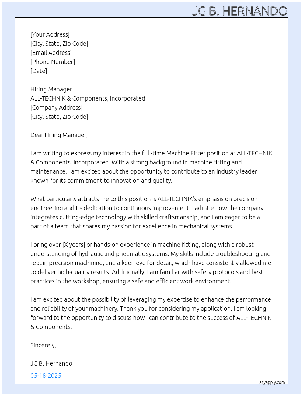 Cover letter for machine fitter - LazyApply