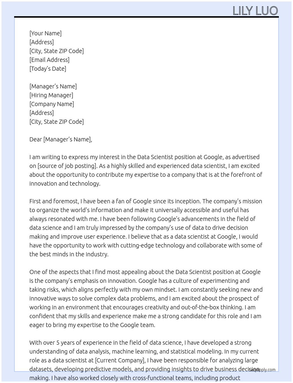 Cover letter for data scientist - LazyApply