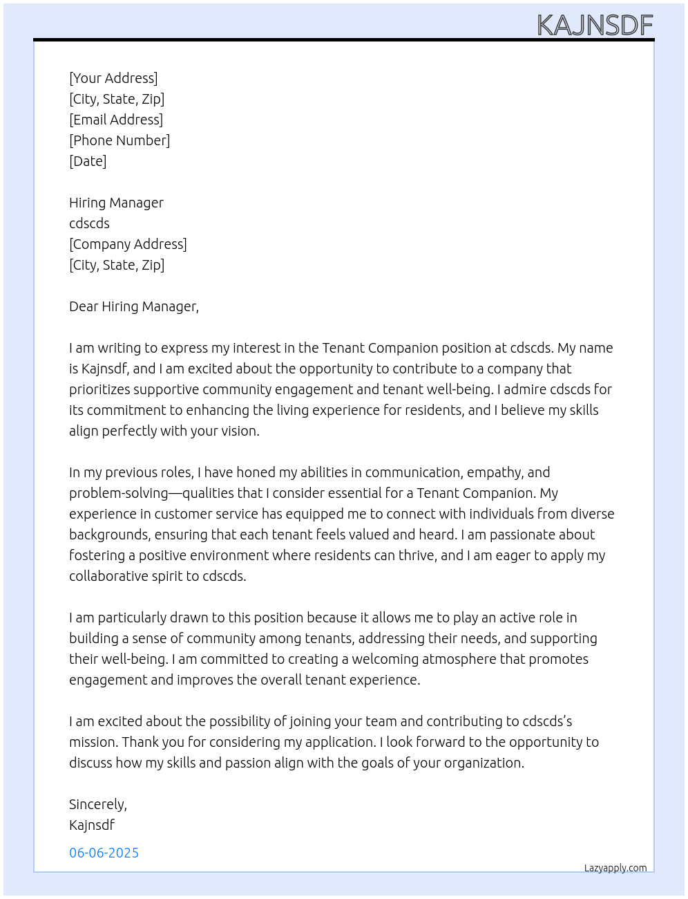 Cover letter for tenant companion - LazyApply