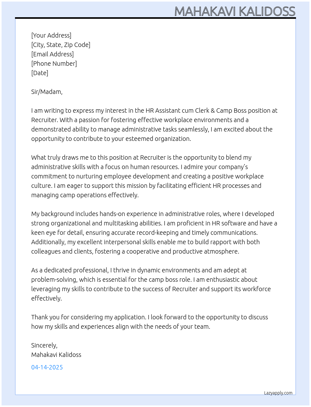 Cover letter for hr assistant cum clerk & camp boss - LazyApply