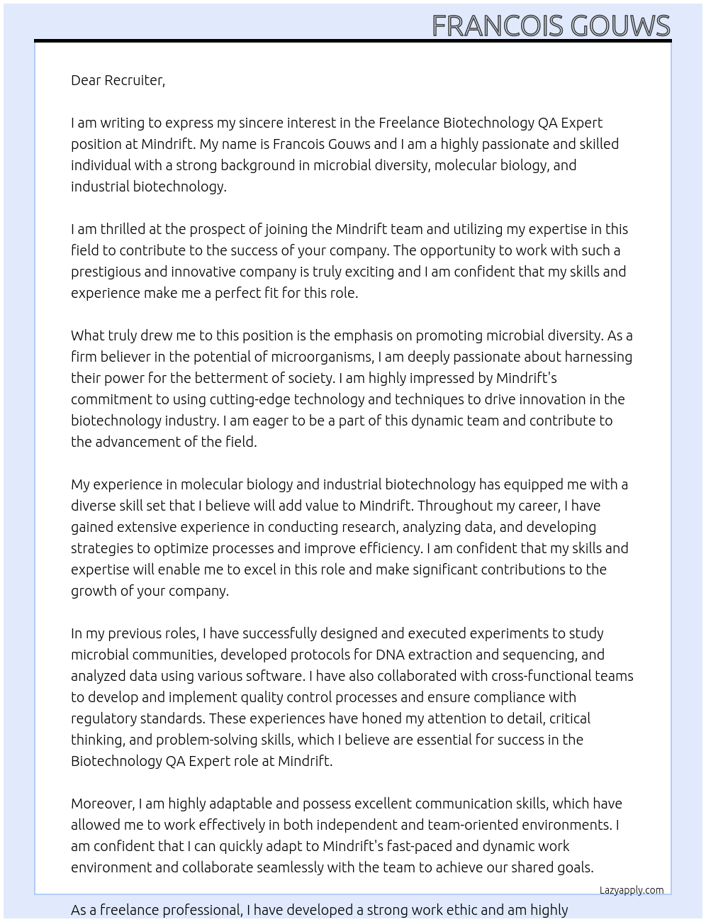 Cover letter for biotechnology qa expert - LazyApply