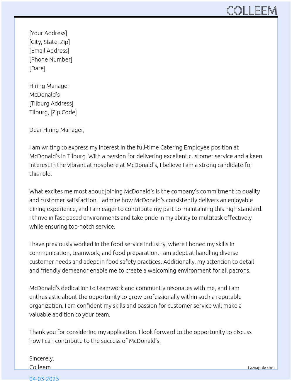 Cover letter for catering emoloyee - LazyApply