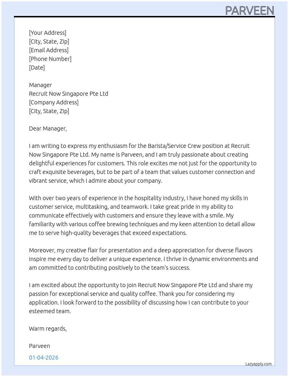 Cover letter for barista/service crew - LazyApply
