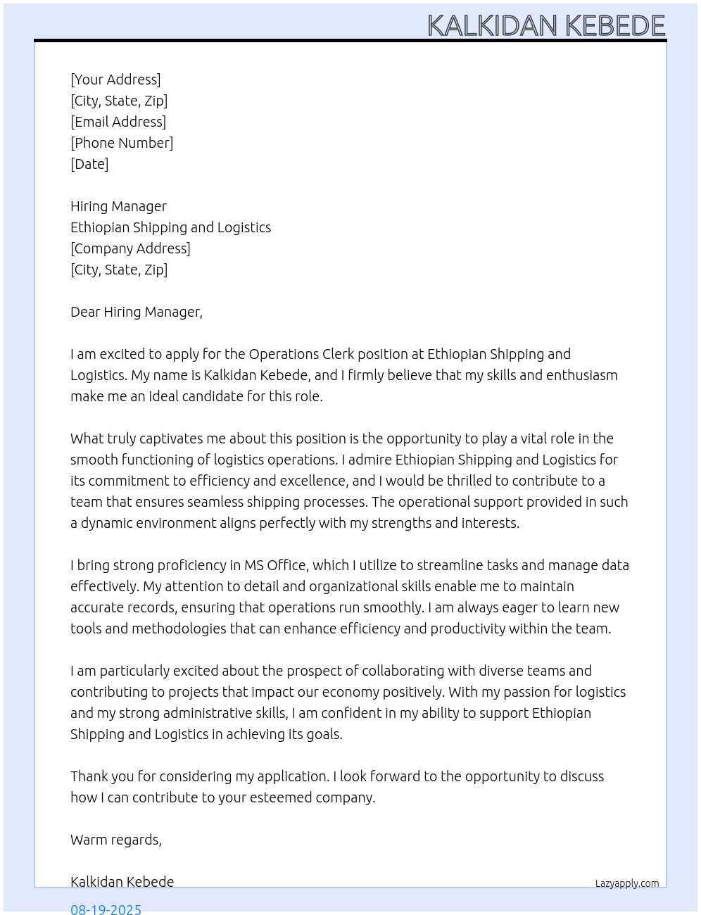 Cover letter for operation clerk - LazyApply