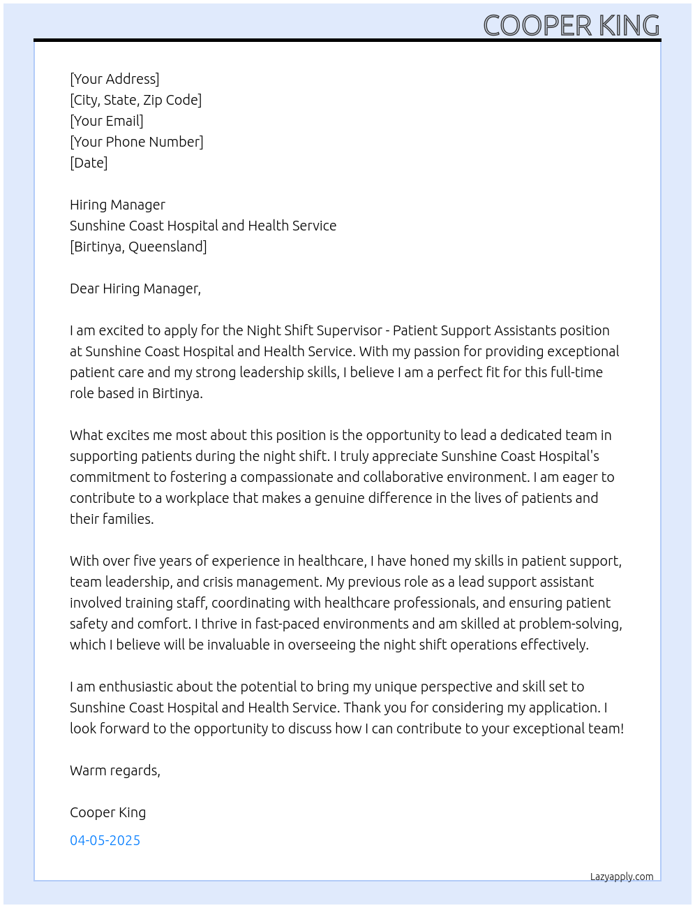 Cover letter for night shift supervisor - patient support assistants ...