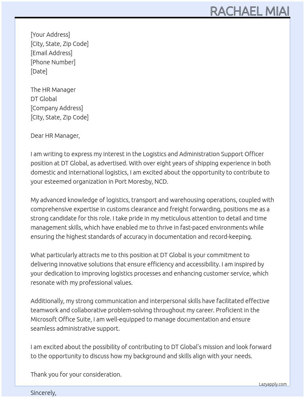 Cover letter for logistics and administration support officer - LazyApply