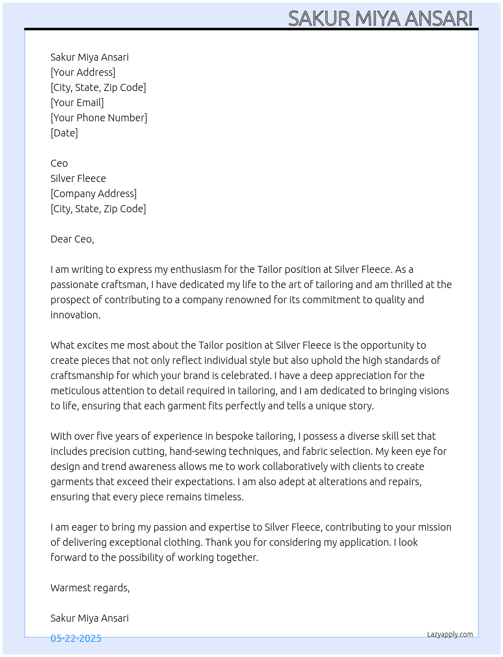 Cover letter for tailor - LazyApply