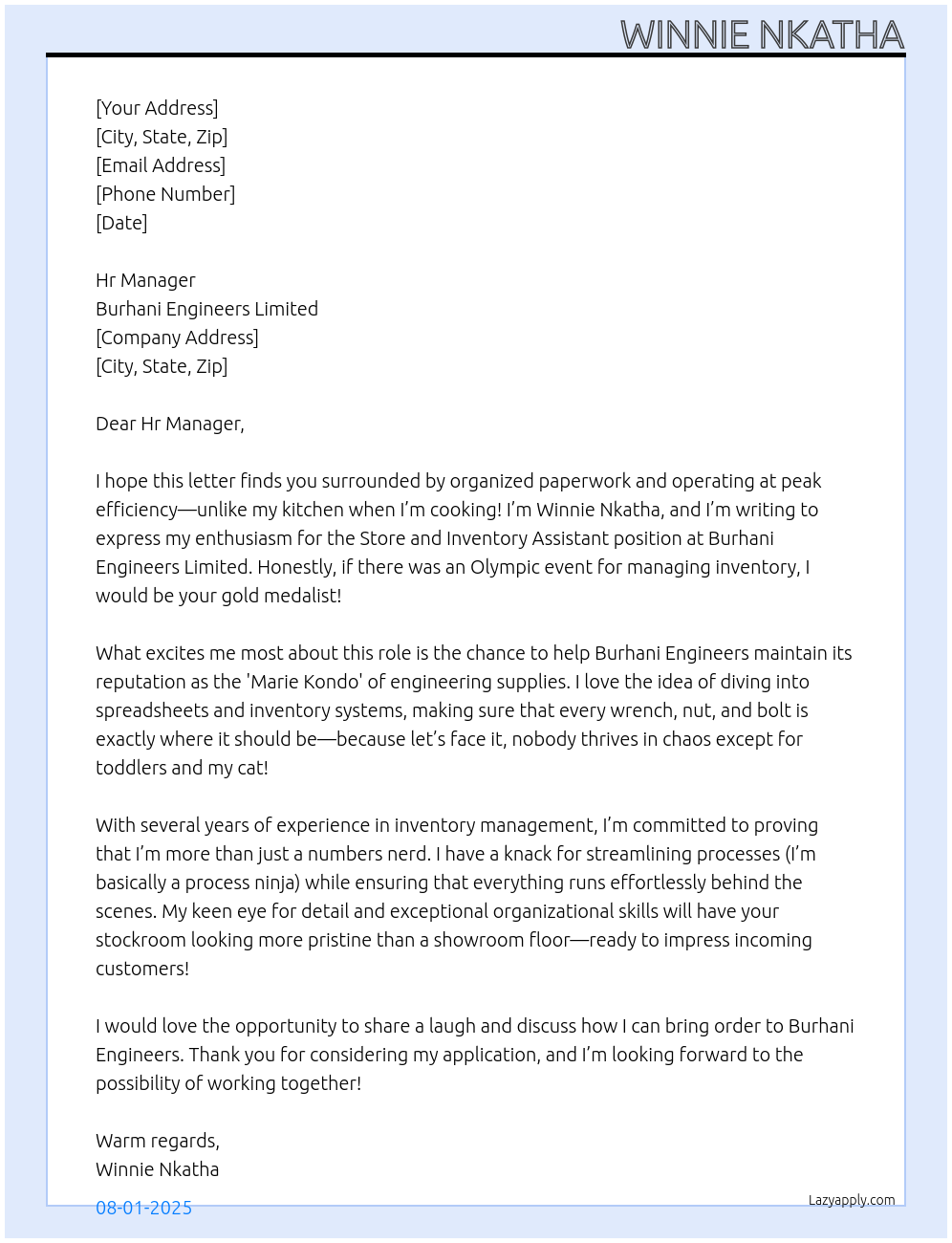 Cover letter for store and inventory assistant - LazyApply