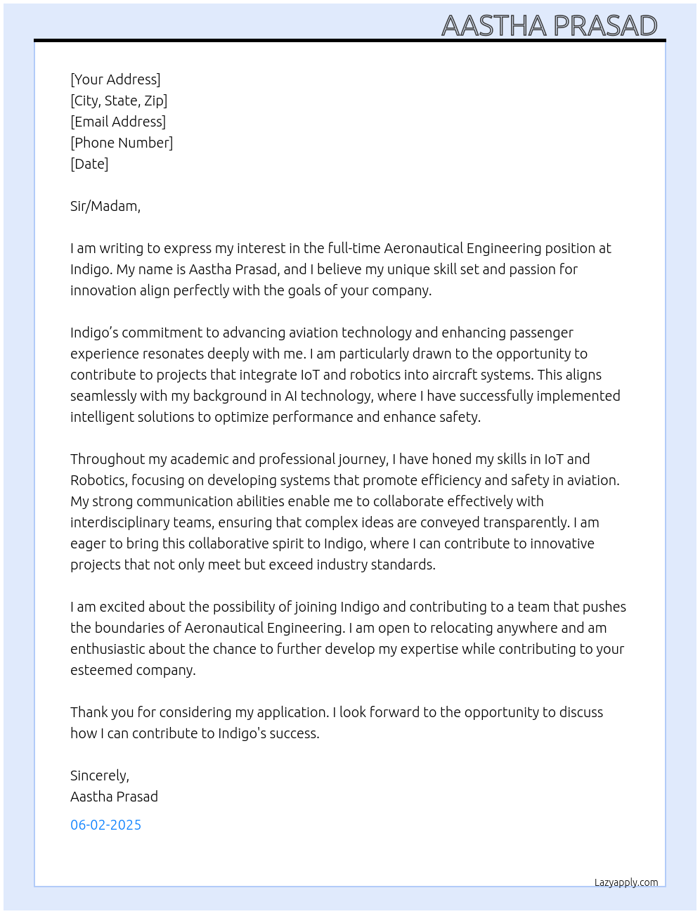 Cover letter for aeronautical engineering - LazyApply