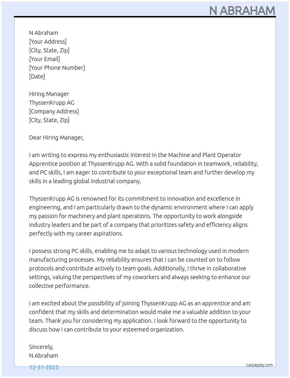 Cover letter for ausbildung as machine and plant operator - LazyApply