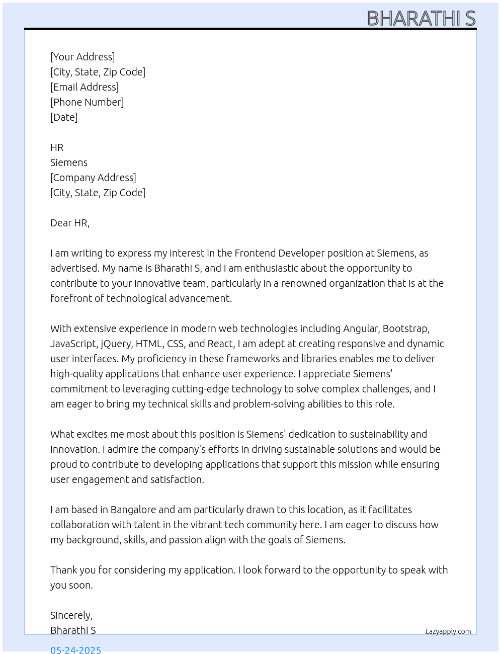 Cover letter for frentend developer - LazyApply