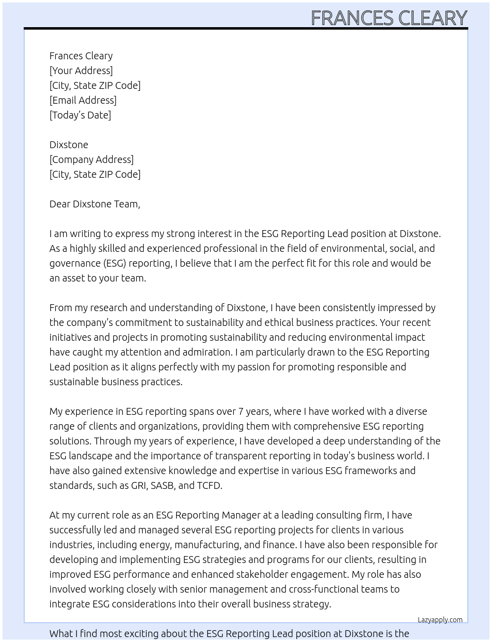 Cover letter for esg reporting lead - LazyApply